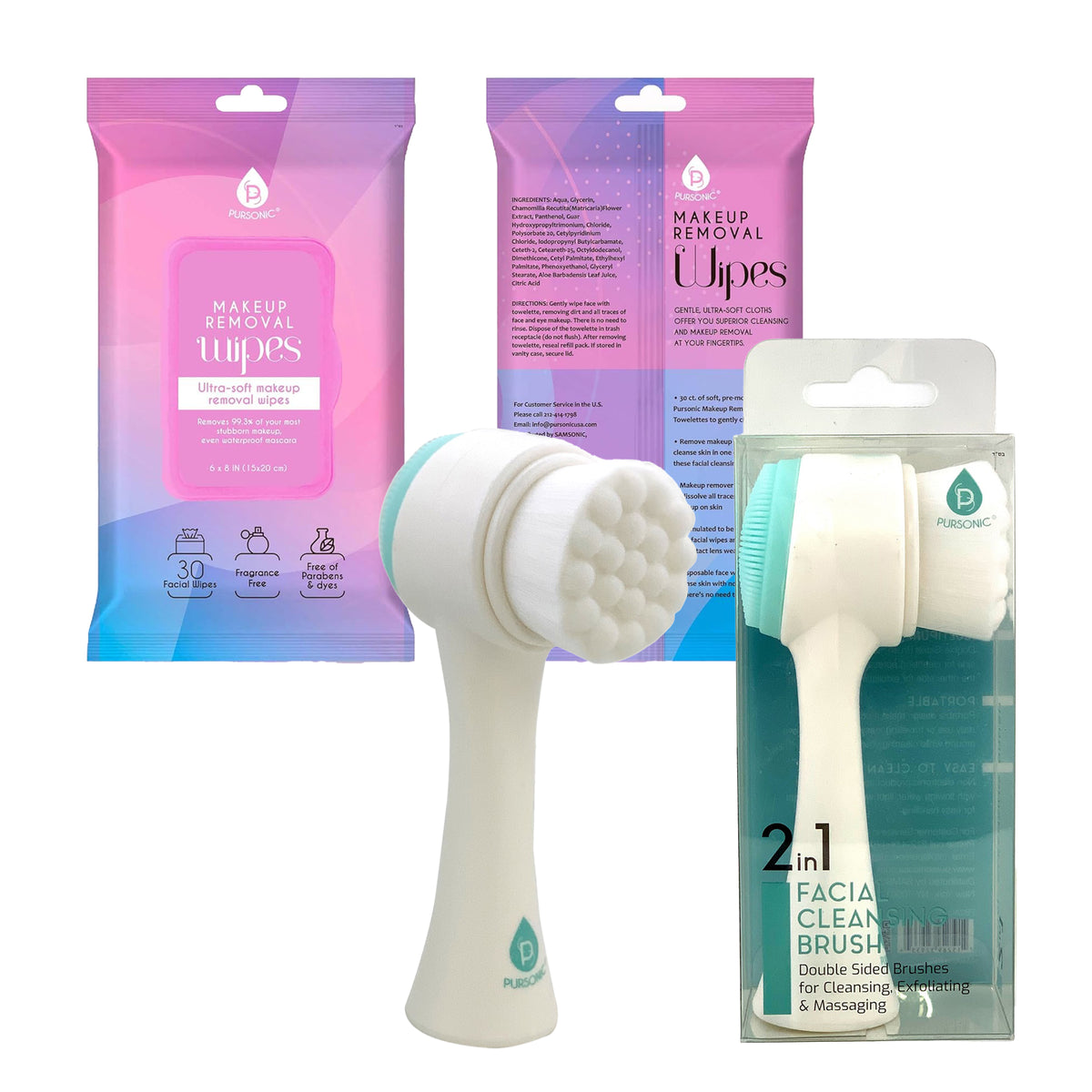 Radiant Beauty Bundle: Dual Sided Facial Cleansing Brush & Makeup Remo ...