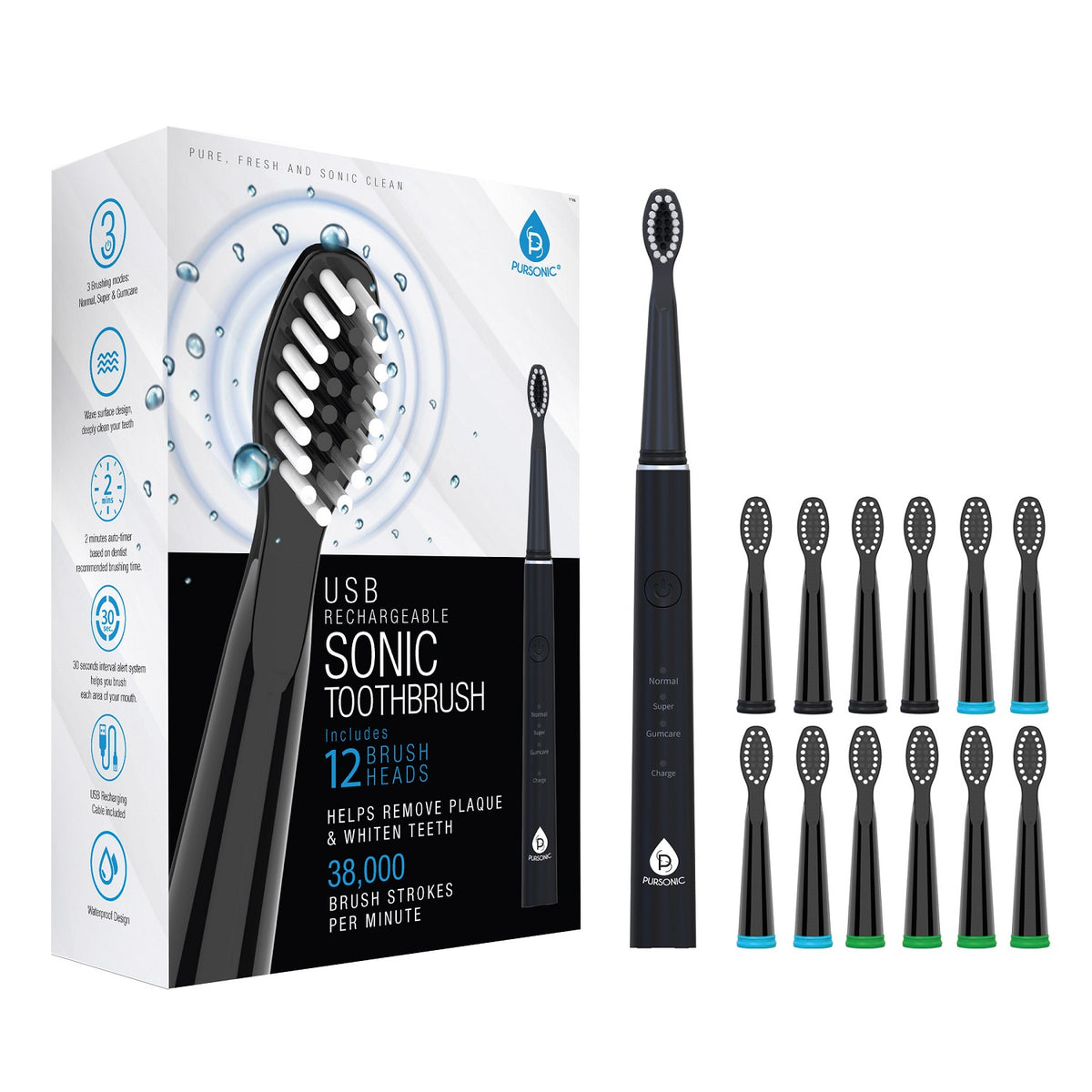 USB Rechargeable Electric toothbrush with 12 Brush Heads – Pursonic
